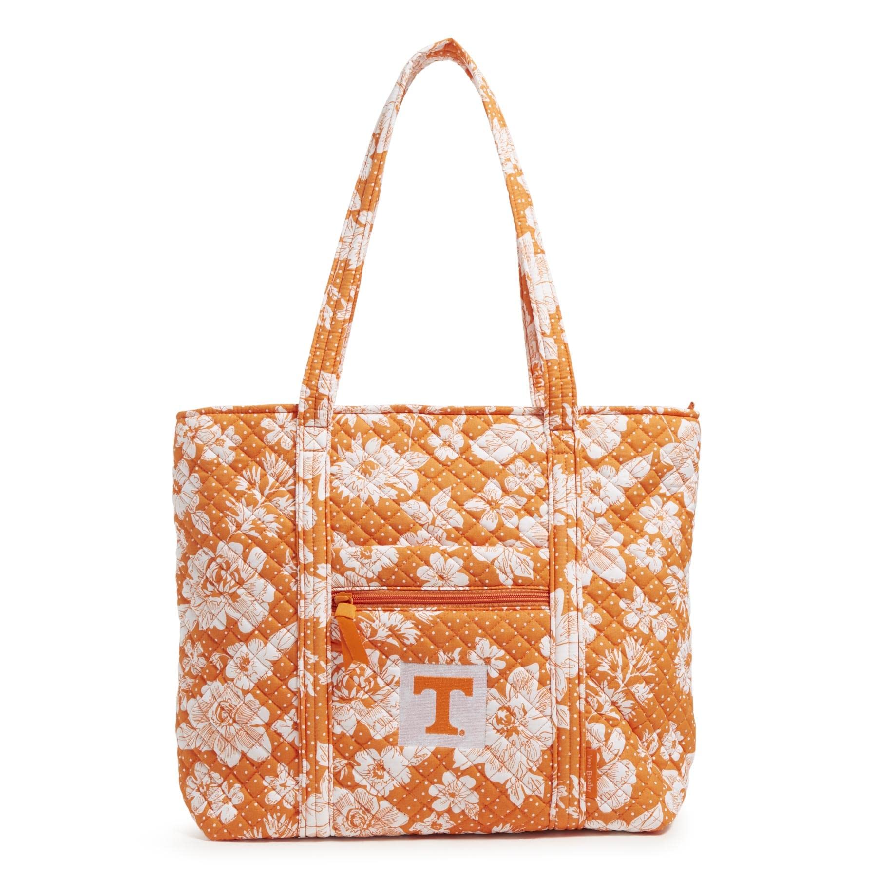 Vera Bradley Women's Cotton Vera Tote Bag, Orange/White Rain Garden With University of Tennessee - Recycled Cotton, One Size