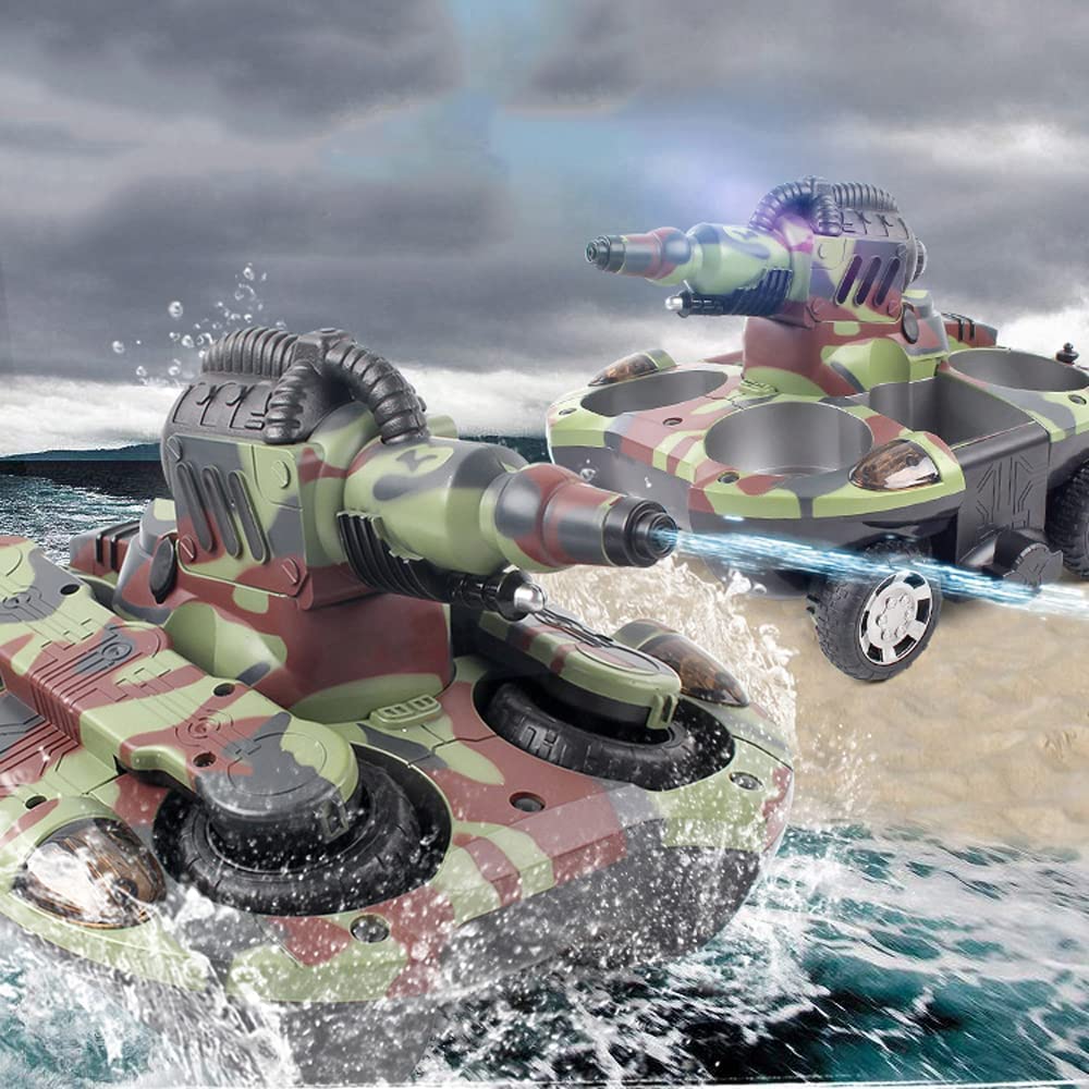 Beach Toys 360° Rotating RC Car 2.4G Remote Control Amphibious Waterproof Military Tanks and Ships RC Water Jet Deformation Fighting Vehicles Outdoor All Terrain RC Cars for Children