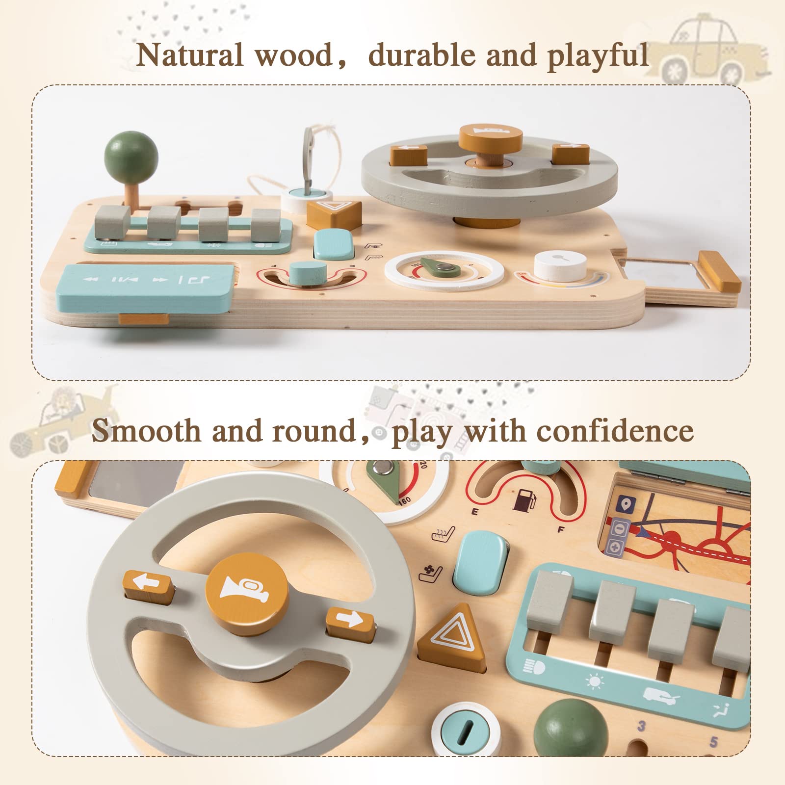 Wooden Montessori Busy Board for 1 2 3 4 Year Old, Steering Wheel Wooden Sensory Board Activity Board for Fine Motor Skills, Travel Busy Board Educational Sensory Toys for Baby, Boys and Girls