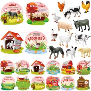 24 piece valentines day farm animal figurines toys and farm animal card valentines animals greeting cards for school classroom valentine's gift exchange prize party favor