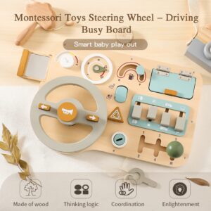 Wooden Montessori Busy Board for 1 2 3 4 Year Old, Steering Wheel Wooden Sensory Board Activity Board for Fine Motor Skills, Travel Busy Board Educational Sensory Toys for Baby, Boys and Girls