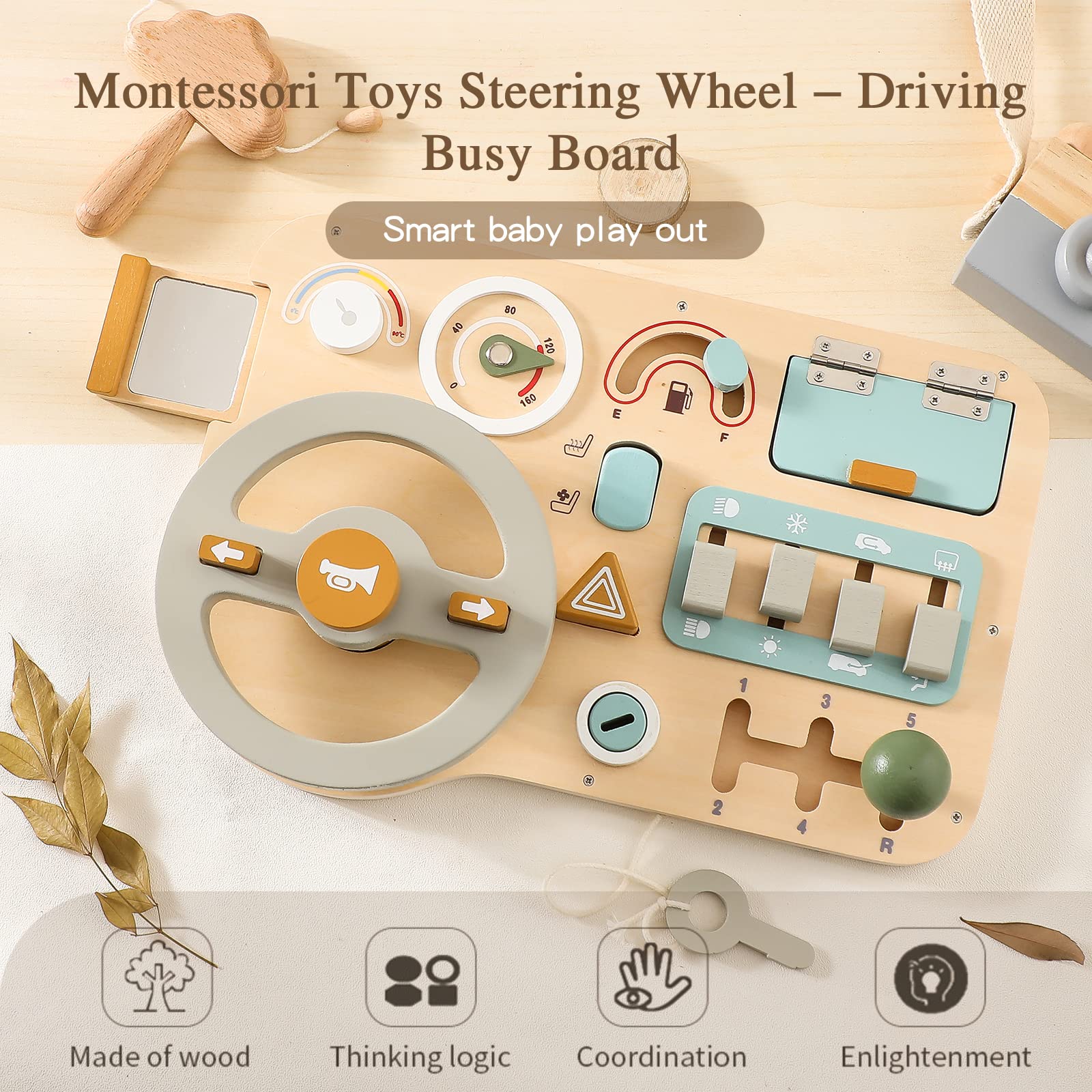 Wooden Montessori Busy Board for 1 2 3 4 Year Old, Steering Wheel Wooden Sensory Board Activity Board for Fine Motor Skills, Travel Busy Board Educational Sensory Toys for Baby, Boys and Girls