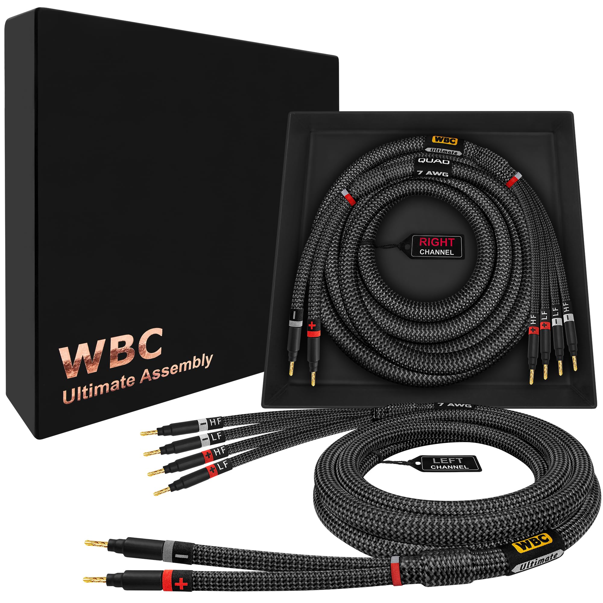 WORLDS BEST CABLES 10 Foot Ultimate - 7 AWG - Ultra-Pure OFC – Extra Premium Audiophile HiFi Bi-Wire Speaker Cable Pair with Eminence Gold Banana Plugs & Carbon Tweed Jacket