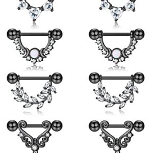 JOERICA 4 Pairs 14G Nipple Rings for Women 316L Stainless Steel Heart Teardrop Moon Star Opal Leaf CZ Barbell Nipple Rings Set Cute Nipplerings Piercing Jewelry