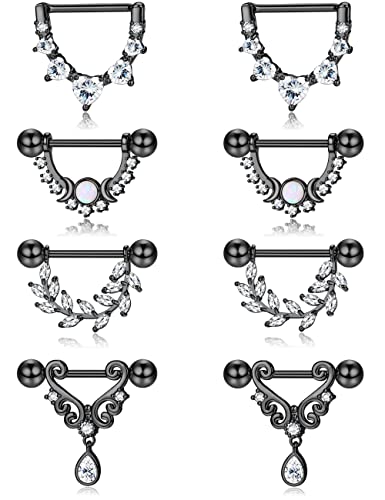 JOERICA 4 Pairs 14G Nipple Rings for Women 316L Stainless Steel Heart Teardrop Moon Star Opal Leaf CZ Barbell Nipple Rings Set Cute Nipplerings Piercing Jewelry