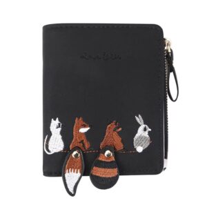 yajama cute cat fox rabbit embroidery women wallet small bifold pu leather credit card case holder zipper coin purse for girls (black)