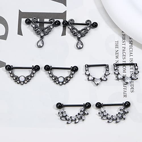 JOERICA 4 Pairs 14G Nipple Rings for Women 316L Stainless Steel Heart Teardrop Moon Star Opal Leaf CZ Barbell Nipple Rings Set Cute Nipplerings Piercing Jewelry