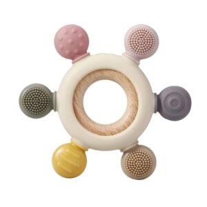 pandaear baby teething toys - silicone rudder toy with wooden rings for soothing teething pain relief - shower gift for lnfants & toddlers 3+ months (pink)