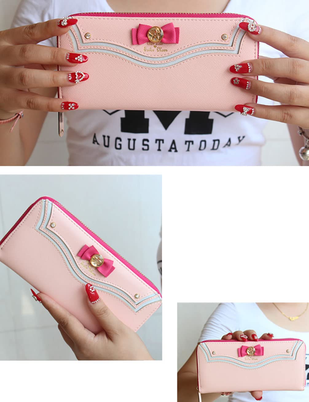 YaJaMa Sailor Moon Kawaii Women Wallet PU Leather Long Credit Card Case Holder Cellphone Pouch Girls Zipper Coins Purse (Pink)