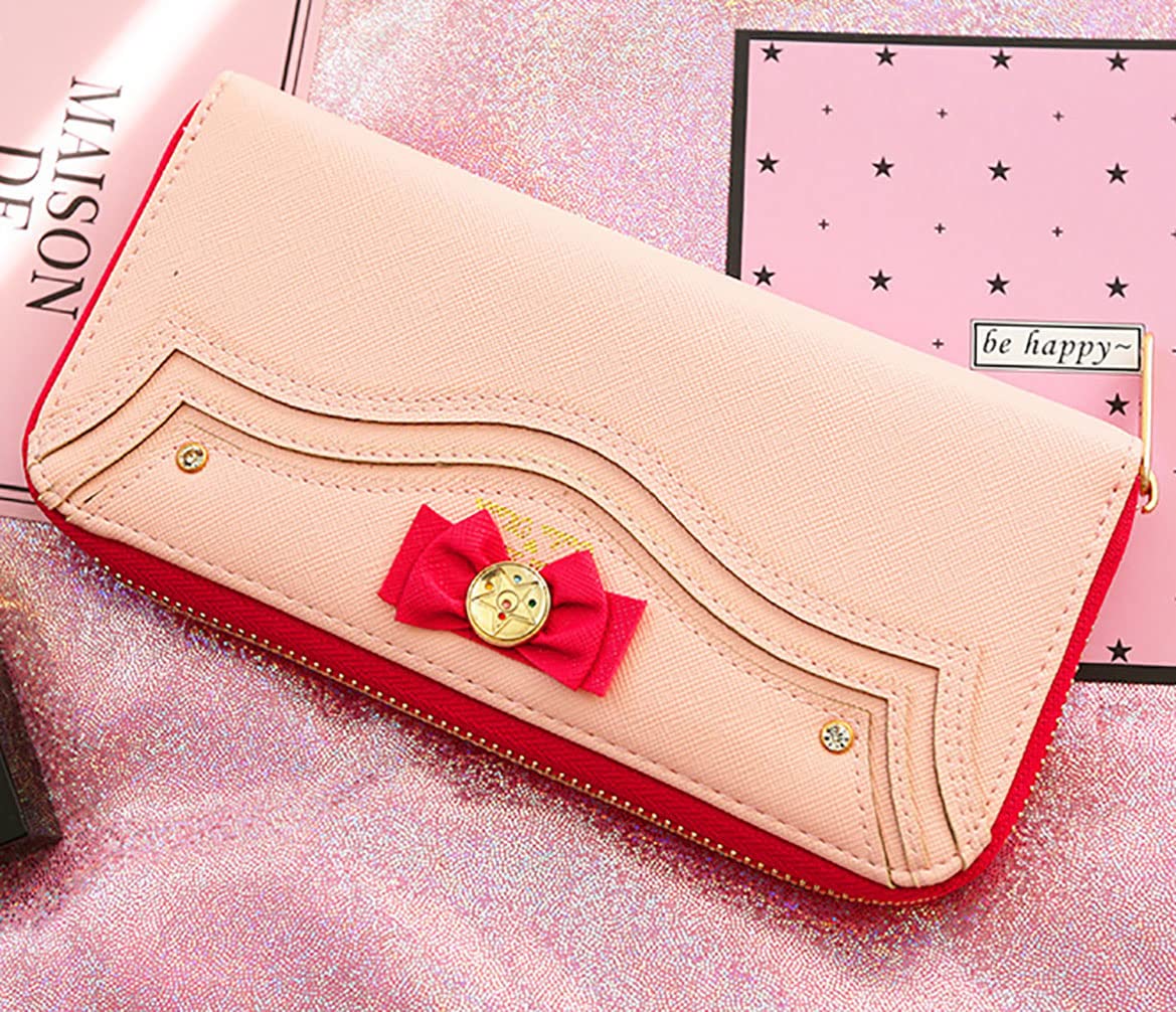 YaJaMa Sailor Moon Kawaii Women Wallet PU Leather Long Credit Card Case Holder Cellphone Pouch Girls Zipper Coins Purse (Pink)