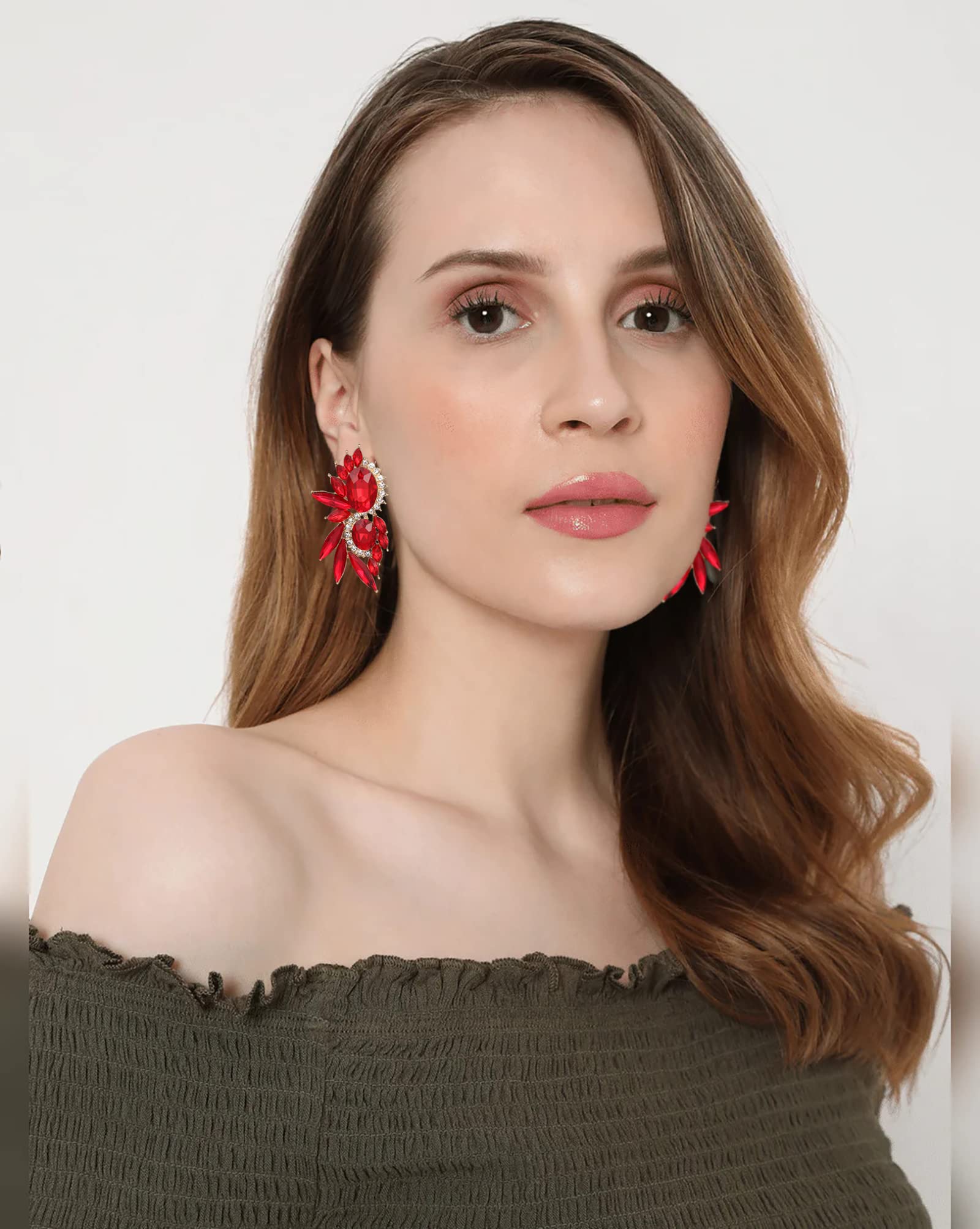 Canboer Vintage Red Rhinestone Statement Earrings Retro Fancy Crystal Cluster Drop Dangle Earrings for Women Prom