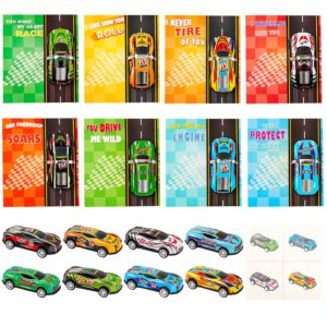 toy cars for kids, 32 assorted colorful metal race cars, pull back toy cars, with greeting cards & temporary tattoos, great party favor, prizes fillers bulk gifts birthday gifts for boys and girls