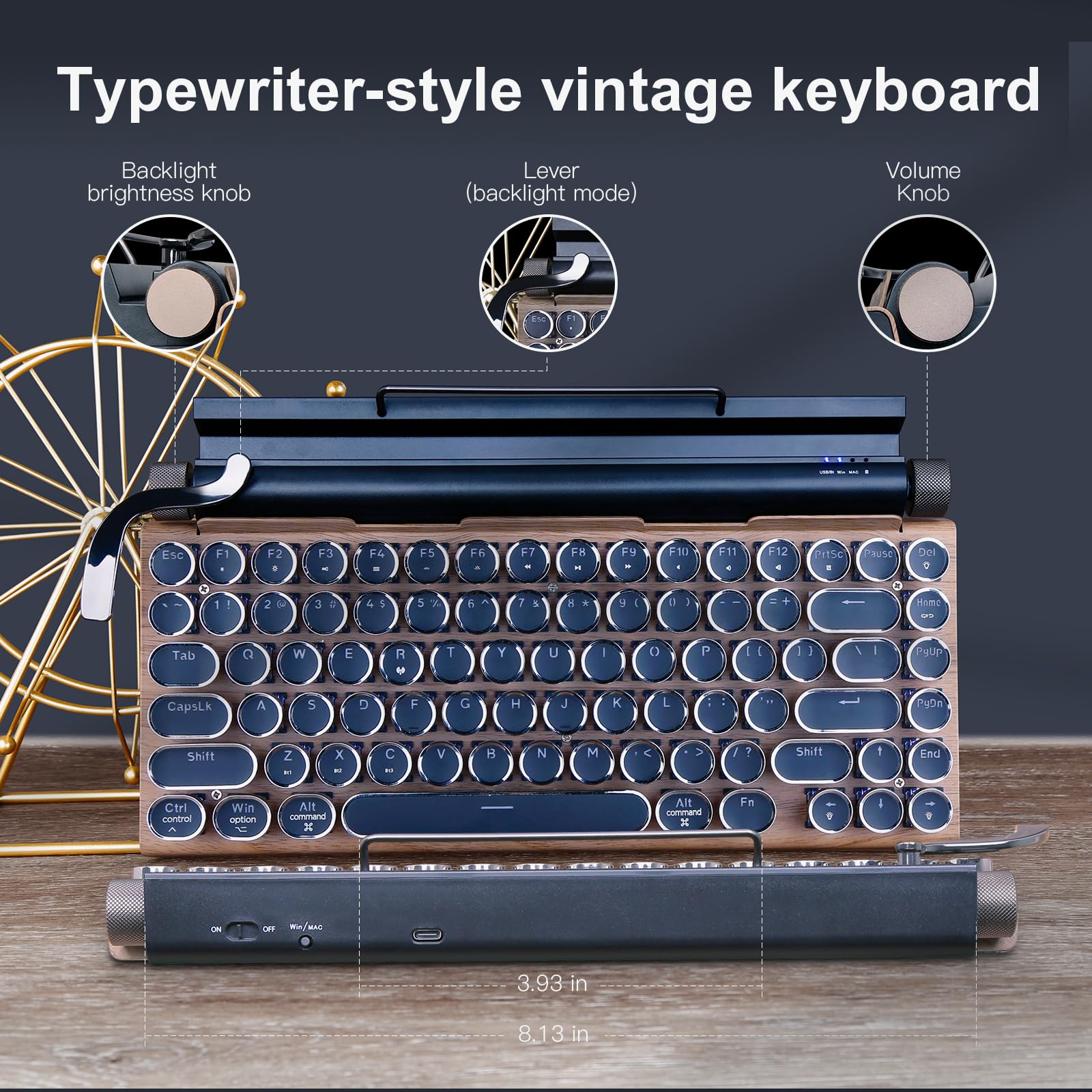 RAZEAK Typewriter Keyboard, Retro Typewriter Keyboard Wireless Key Legends Backlit Bluetooth 5.0 Connection Hotswap Mechanical Keyboard for iPad/Tablet/Mac/PC Woodgrain