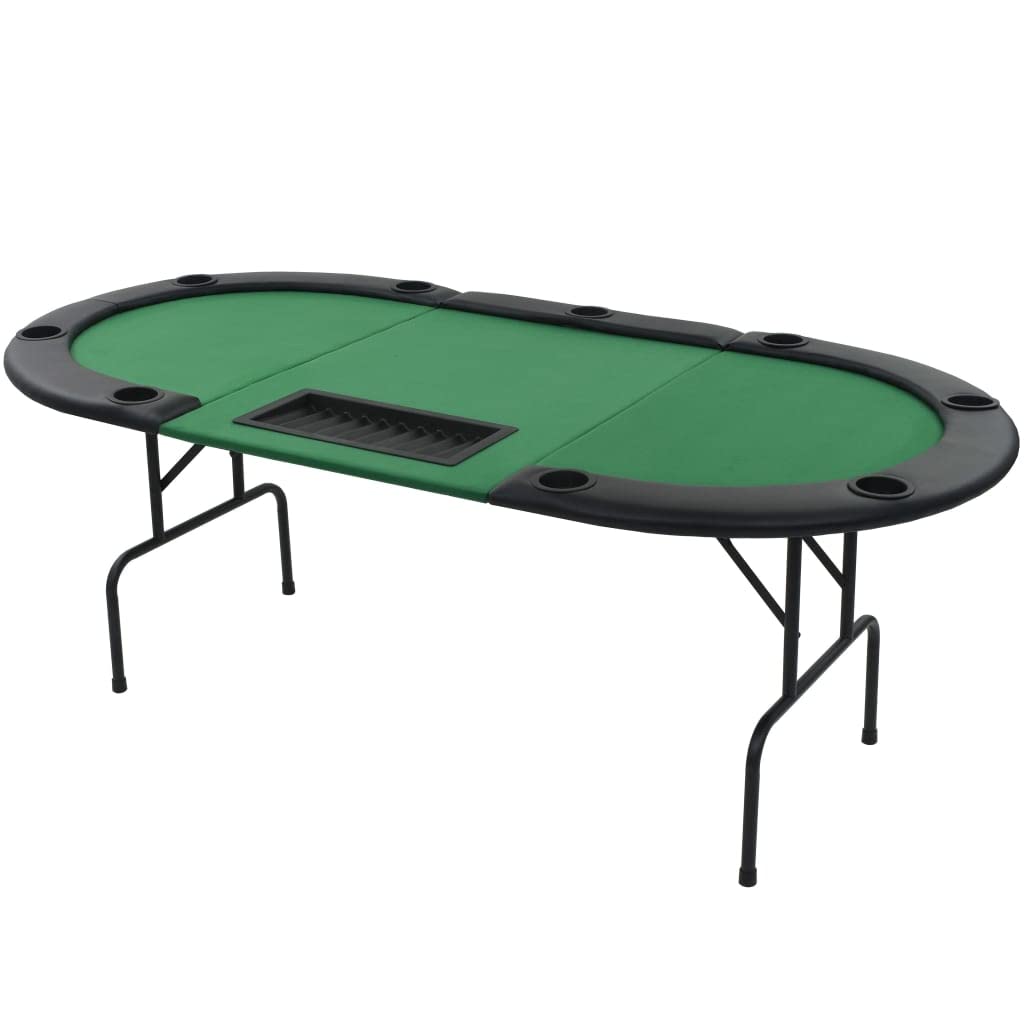 KTHLBRH 9-Player Folding Poker Table 3 Fold Oval with Chip Cup Holder Card Game Table Steel Base Casino Green