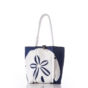 sea bags recycled sail cloth white on navy sand dollar handbag shoulder bag, small tote bag rope handles, clasp closure rope handles