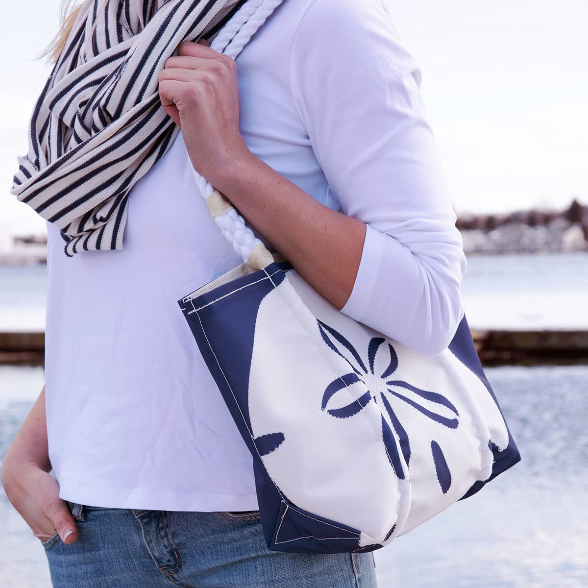 Sea Bags Recycled Sail Cloth White on Navy Sand Dollar Handbag Shoulder Bag, Small Tote Bag Rope Handles, Clasp Closure Rope Handles