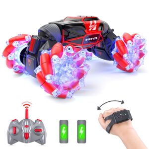 powerextra led remote control car, 4wd 2.4ghz gesture sensing rc stunt car, double sided 360°rotating transform off road car with light, toy cars for 6-12 year old boys & girls - red