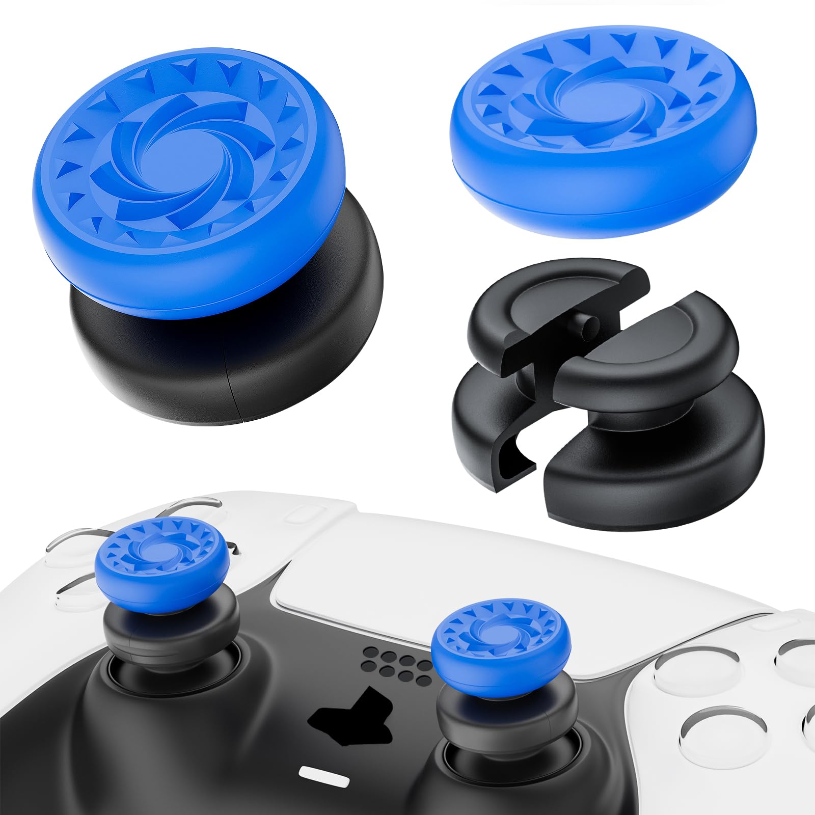 PlayRealm NO Falling Off Thumbstick Extender & Silicone Grip Cover 2 Sets for PS5 & PS4 Controller (Whirlpool Blue)