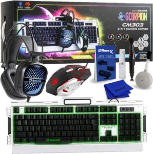 ultimaxx marvo cm303 scorpion 3-in-1 backlit gaming combo - includes: full size keyboard, mouse & headset plus deluxe cleaning kit