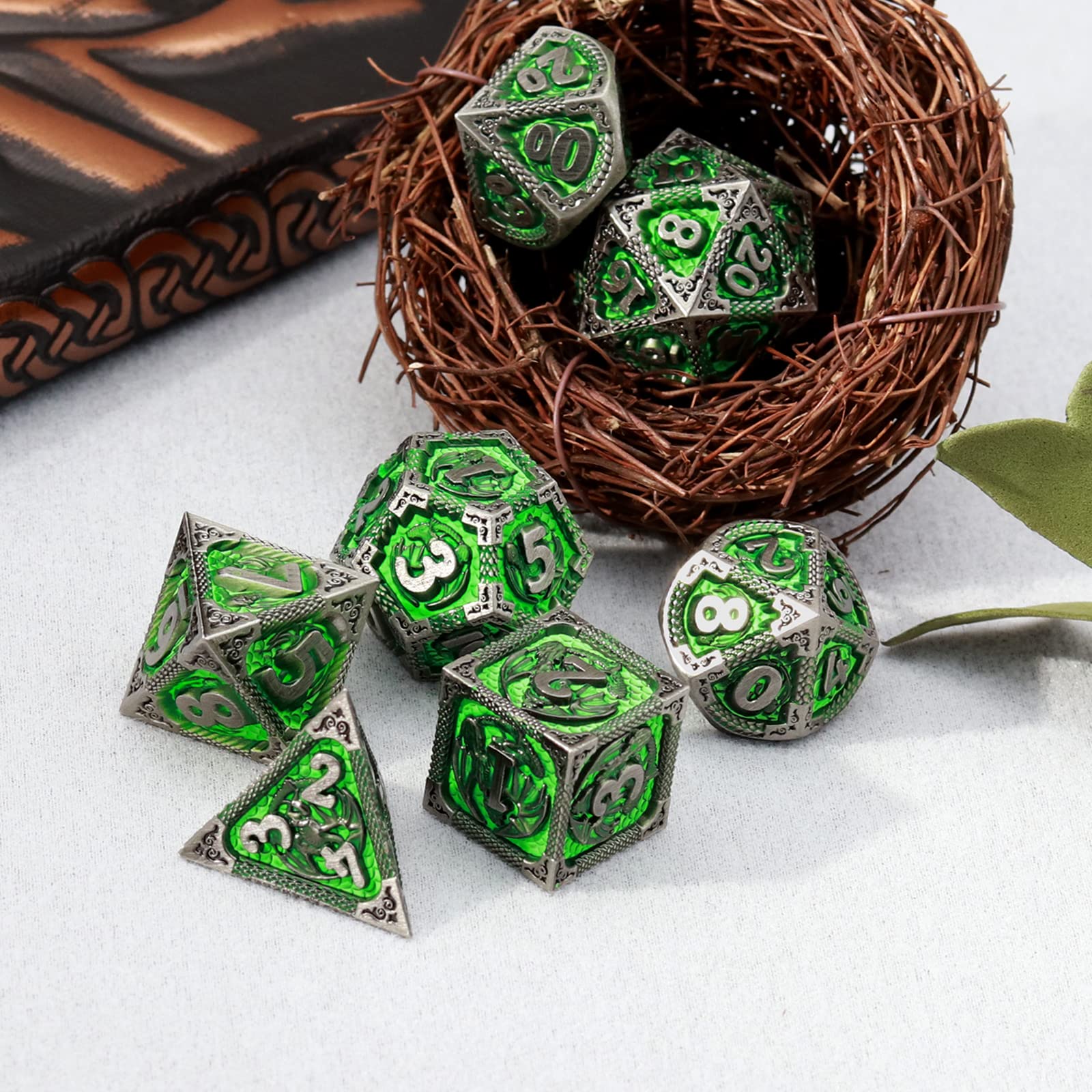 PJOY DND Dice Set Antique Iron Green Metal DND Polyhedral Dice with Dice Case D&D Dice for Dungeons and Dragons TTRPG Gifts