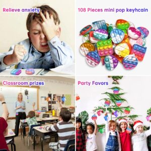 108 PCS Mini Pop Keychain Fidget Toys,3 Shape Pop Fidget Toys Its Party Favors Kids Toys Fidgets Packs Sensory Toys Stress Toys Party Gift,Push Mini Pop Keychain Bulk