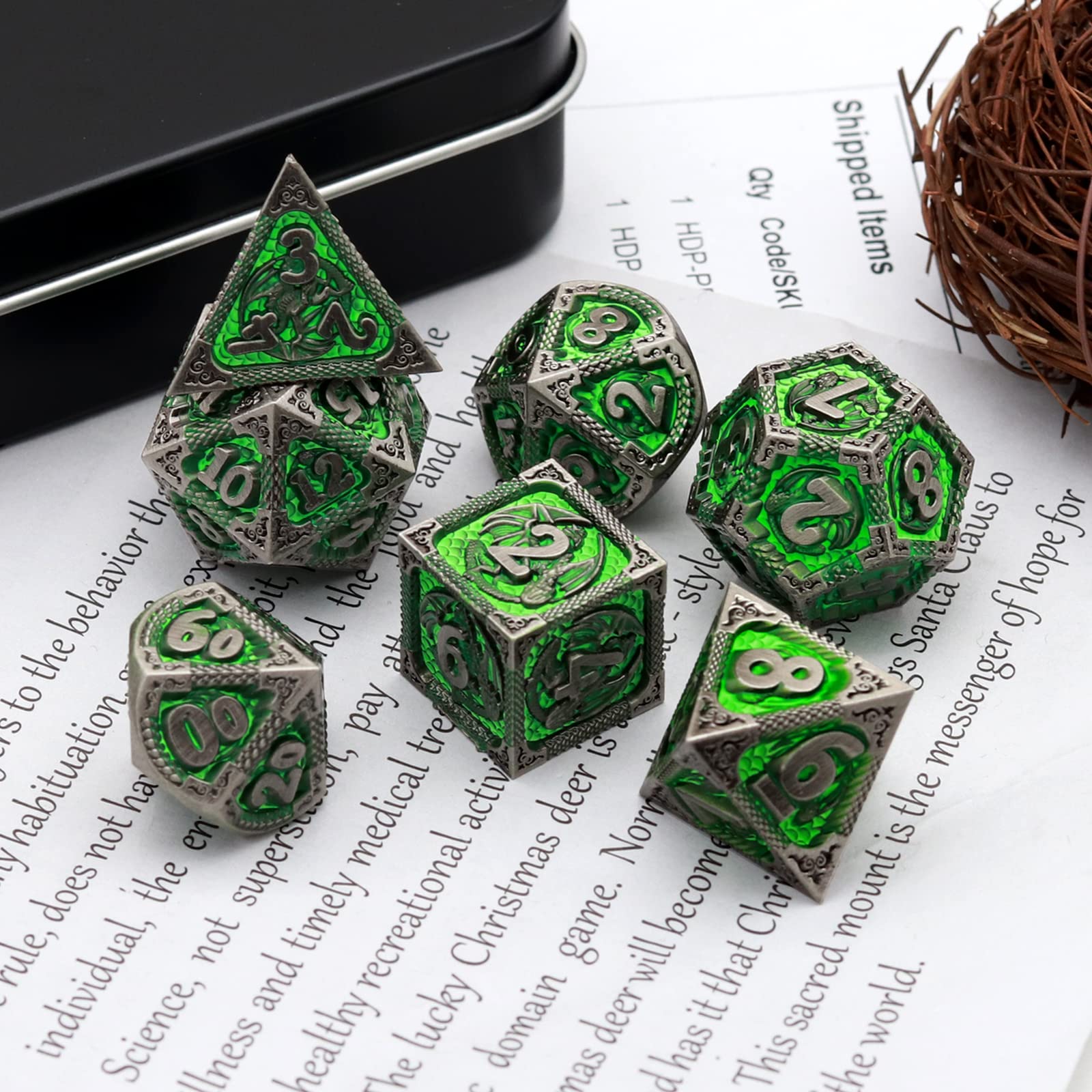 PJOY DND Dice Set Antique Iron Green Metal DND Polyhedral Dice with Dice Case D&D Dice for Dungeons and Dragons TTRPG Gifts