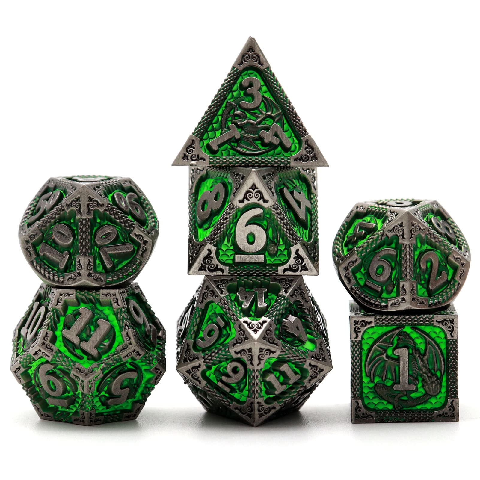 PJOY DND Dice Set Antique Iron Green Metal DND Polyhedral Dice with Dice Case D&D Dice for Dungeons and Dragons TTRPG Gifts