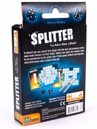 Splitter Dice Game - A Symmetrical Challenge of Numbers and Strategy, Roll-and-Write Puzzle Game, Family Game for Kids and Adults, Ages 8+, 1-12 Players, 15 Minute Playtime, Made by Pandasaurus Games