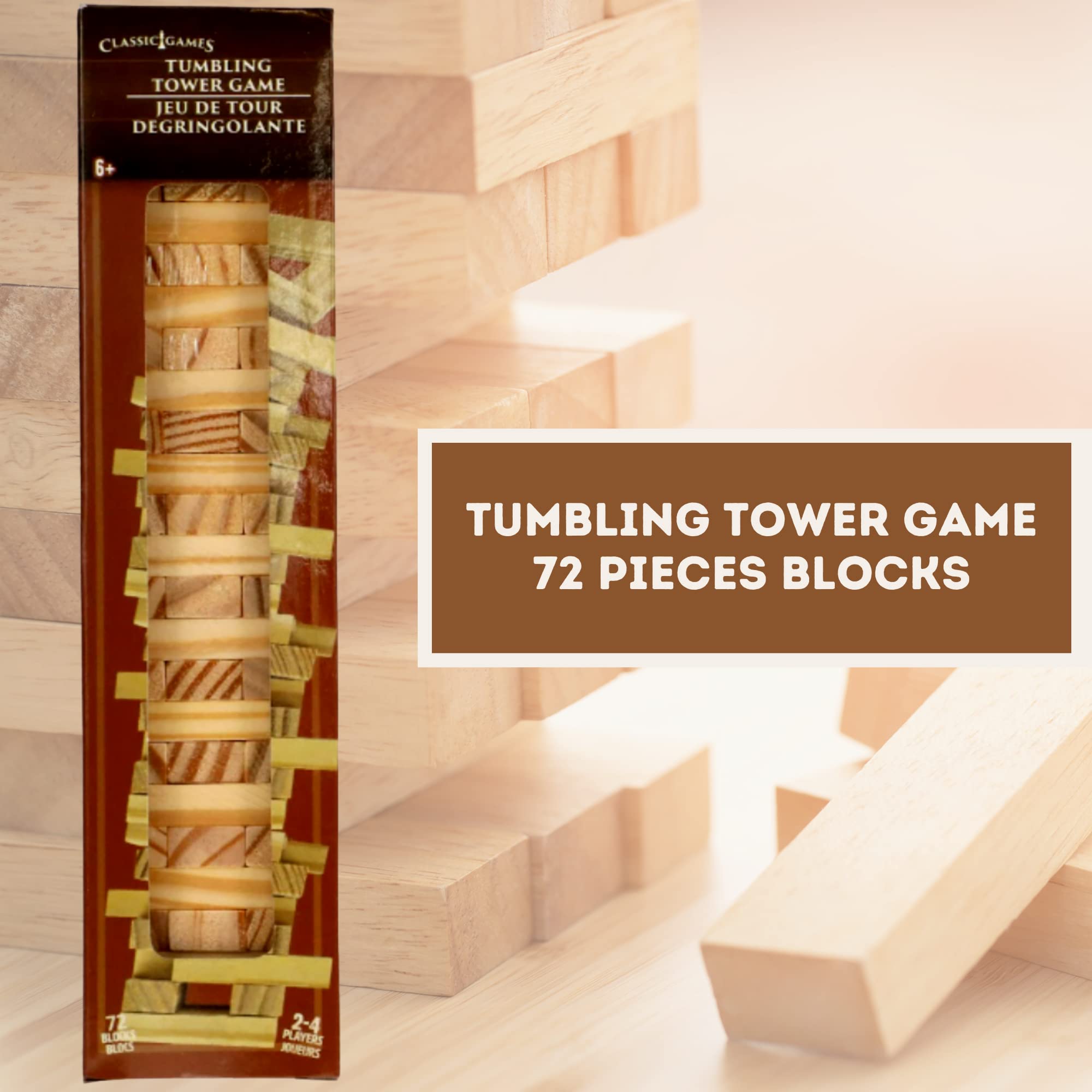 KS Tumbling Tower Game 72 Pieces Challenging Building Blocks Wood Stacking Balancing Backpacking Night Game for House Parties Holiday Travel Set - Pack of 1 with Custom KS Luggage Tag