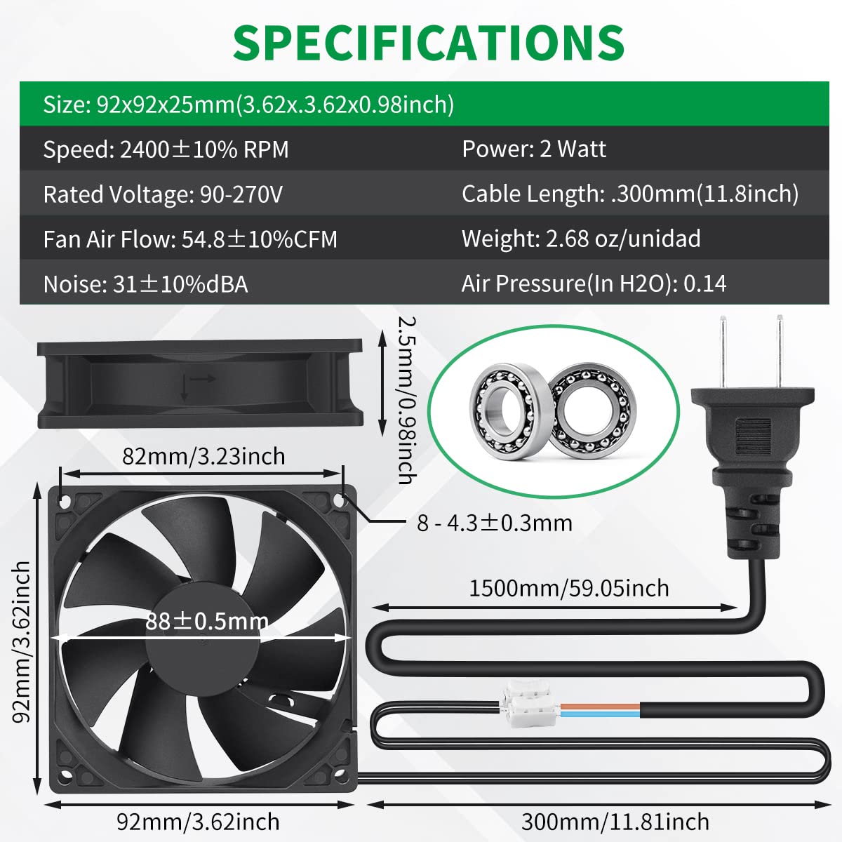 WDERAIR EC Axial Cooling Fan 92mm x 25mm AC 110v 120v 220v 240v Dual Ball Bearing for Receiver DVR PlayStation Xbox Computer Cabinet Cooling