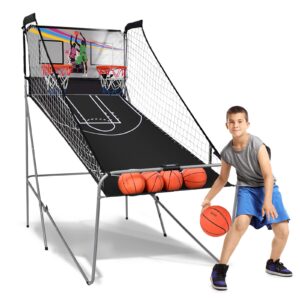 goplus foldable dual shot basketball arcade game, basketball hoop game w/electronic scoring, 8 game modes, 4 balls, indoor outdoor electronic basketball game machine for kids adults (black)