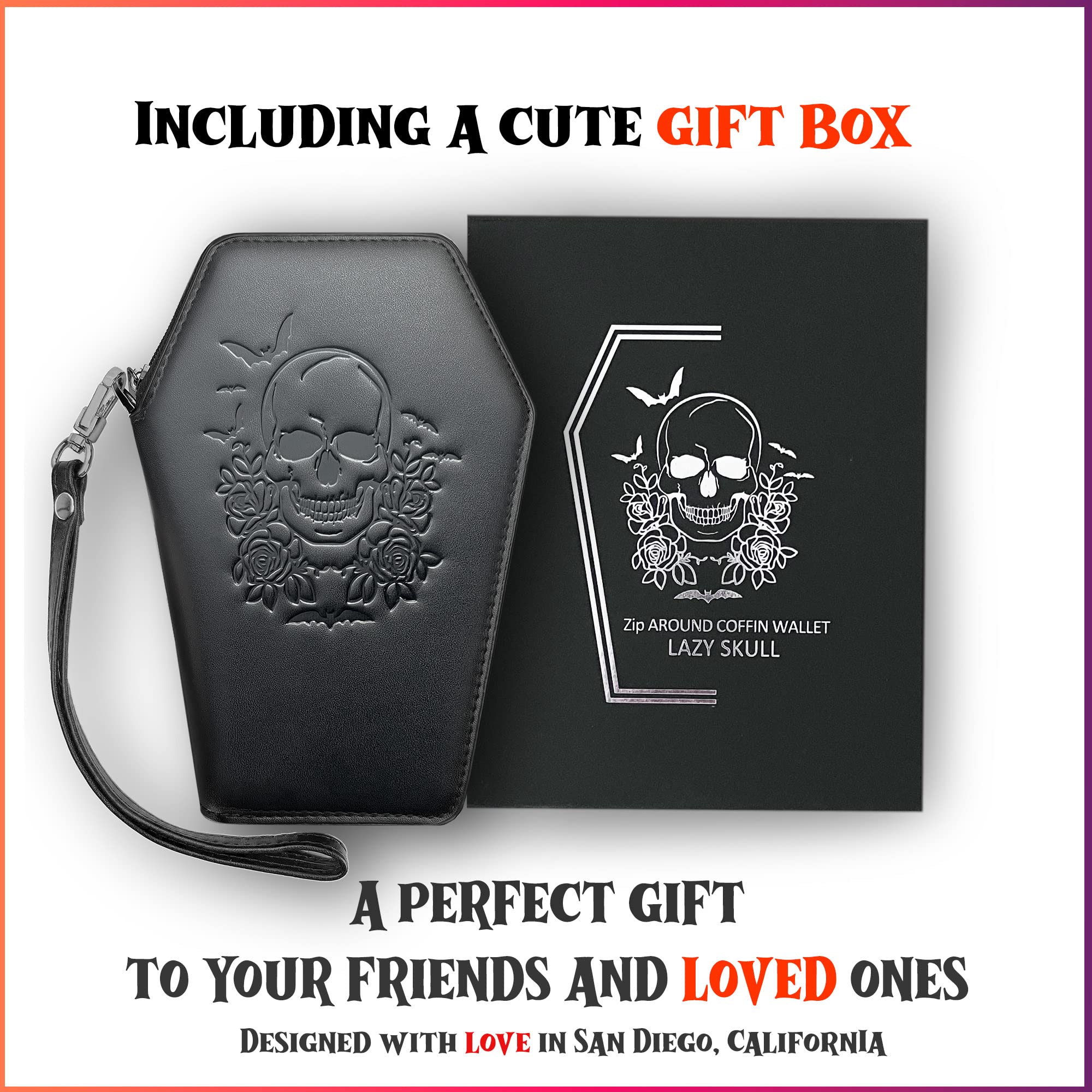 Lazy Skull Zip Around Coffin Wallet – Cute Witchy Wallet for Women with Skull and Bat Design– Goth Accessory Wallet – Horror Coffin Purse– Spooky Halloween Gothic Wallet with Wristlet Strap