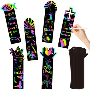 cy2side 60pcs religious rainbow color scratch bookmarks for kids, crosses scratch craft kits for kids christian sunday school church, easter magic art rainbow color craft kit for vacation bible school