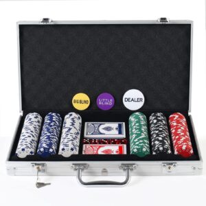 luobao 300pcs poker chips set for texas holdem,blackjack, tournaments with aluminum case,2 decks of cards, dealer, small blind, big blind buttons and 5 dice,11.5 gram