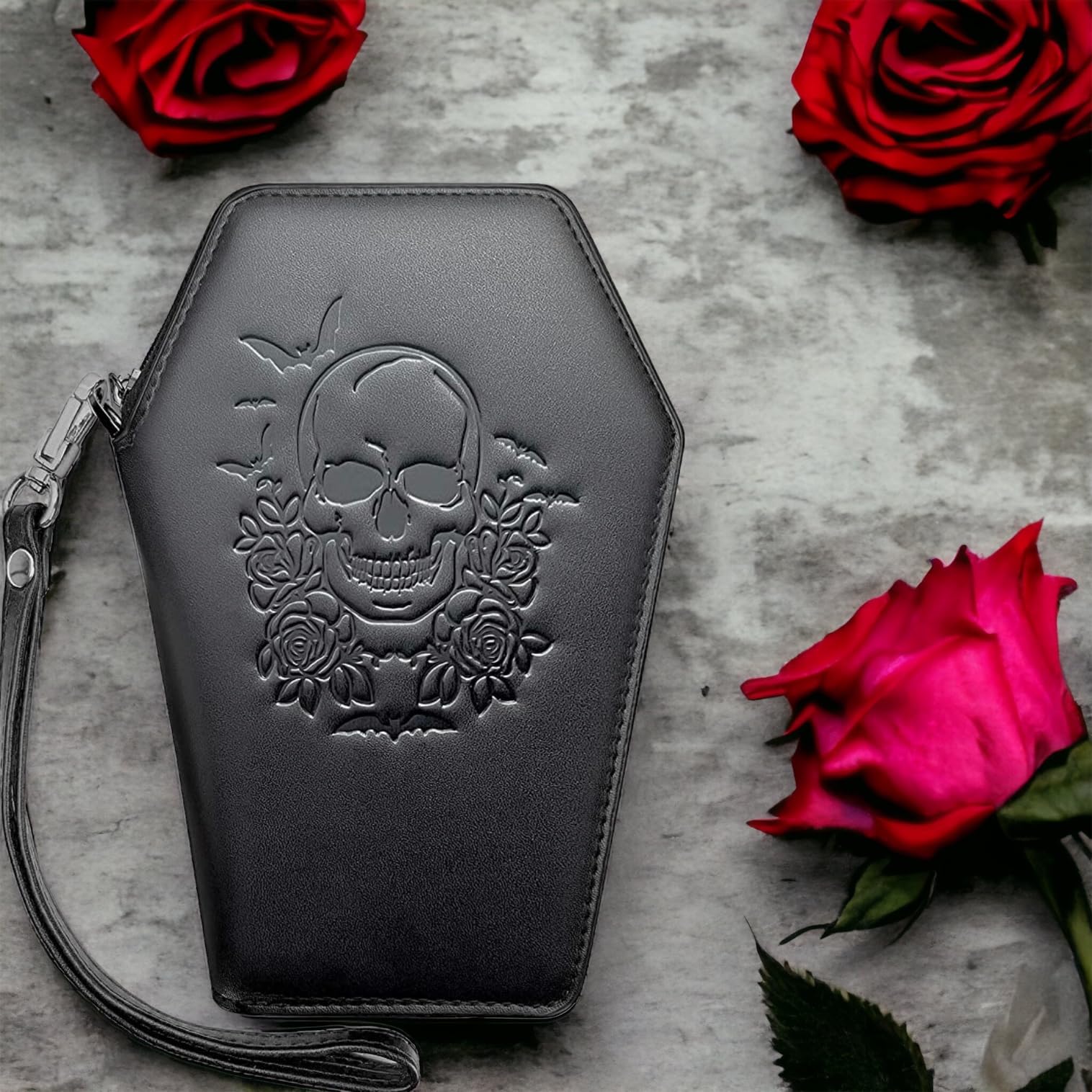 Lazy Skull Zip Around Coffin Wallet – Cute Witchy Wallet for Women with Skull and Bat Design– Goth Accessory Wallet – Horror Coffin Purse– Spooky Halloween Gothic Wallet with Wristlet Strap