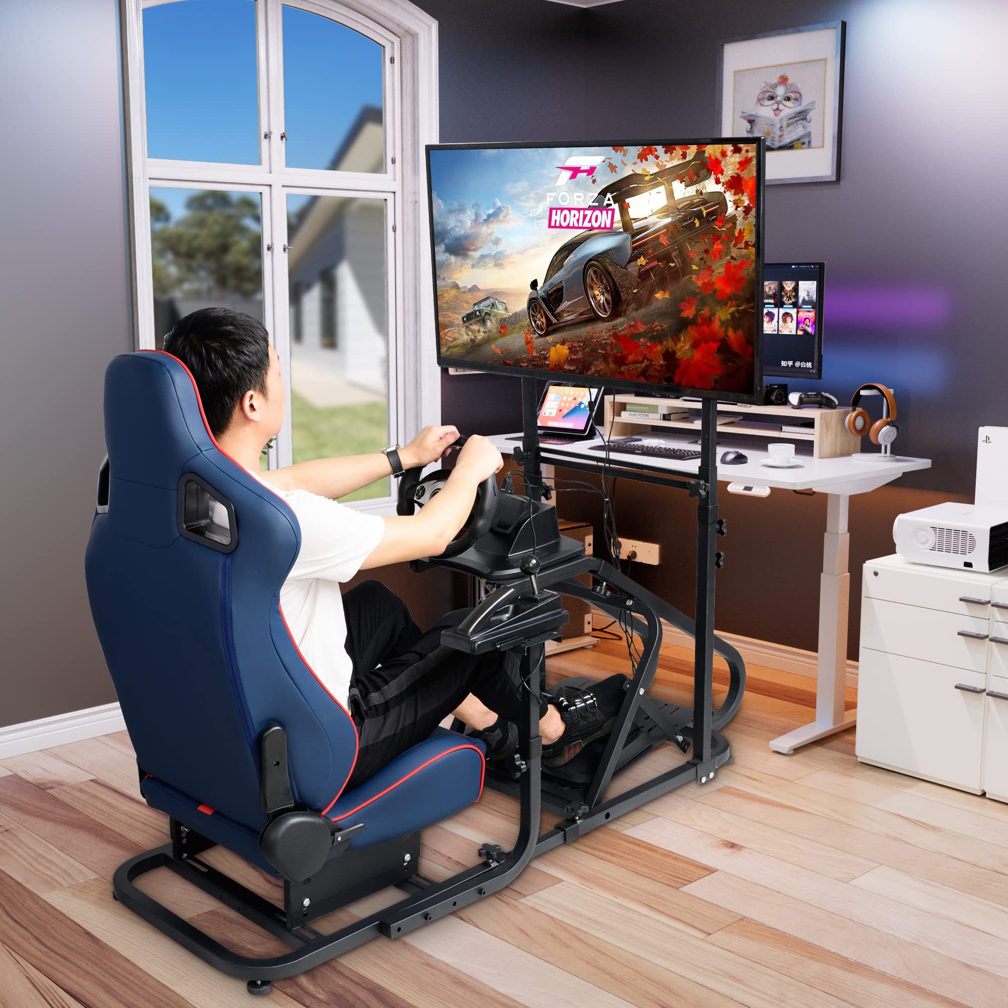 WTRAVEL Racing Simulator Cockpit with Adjustable Wheel Stand and Racing Seat for All Logitech G920|G25|G27|G29| Thrustmaster | Compatible with Xbox One, PS4, PC Platforms (Blue+Red)