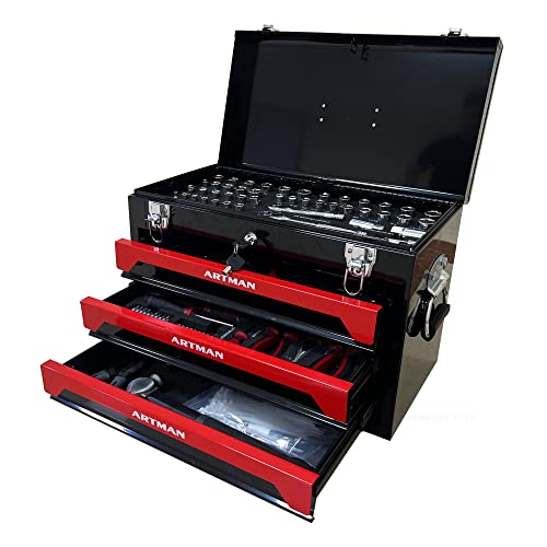 Tool Set and Mechanic Tool Set Box with Handle and 3-Drawer Heavy Duty Metal Box - 339 Piece Tool Kits for Adults Mechanics Workshop Maintenance and Repair Projects - Red