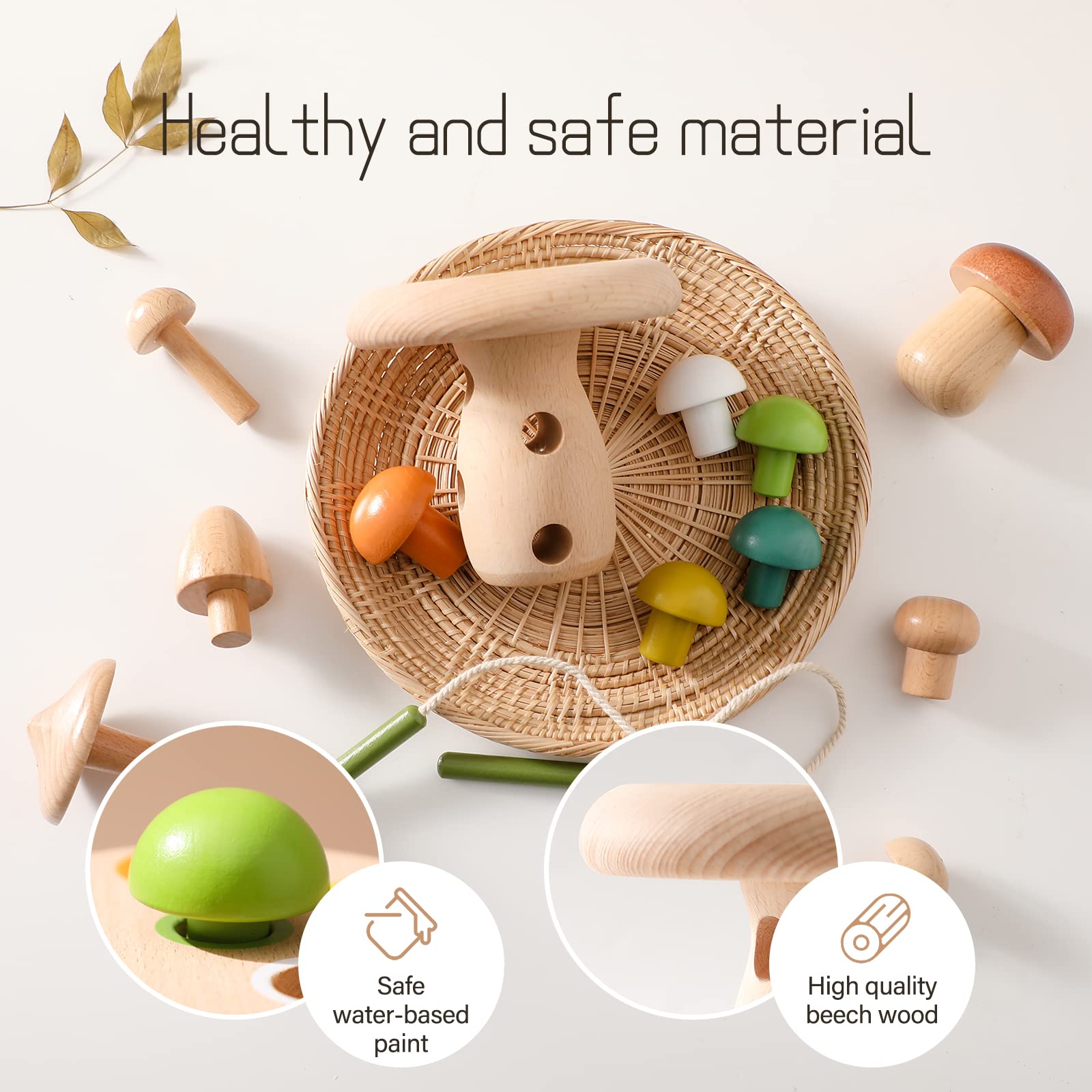 bopoobo Wooden Lacing Toys Mushroom Sorting Toys Montessori Activity for Baby Kids Educational Learning Montessori Travel Toy for Toddlers