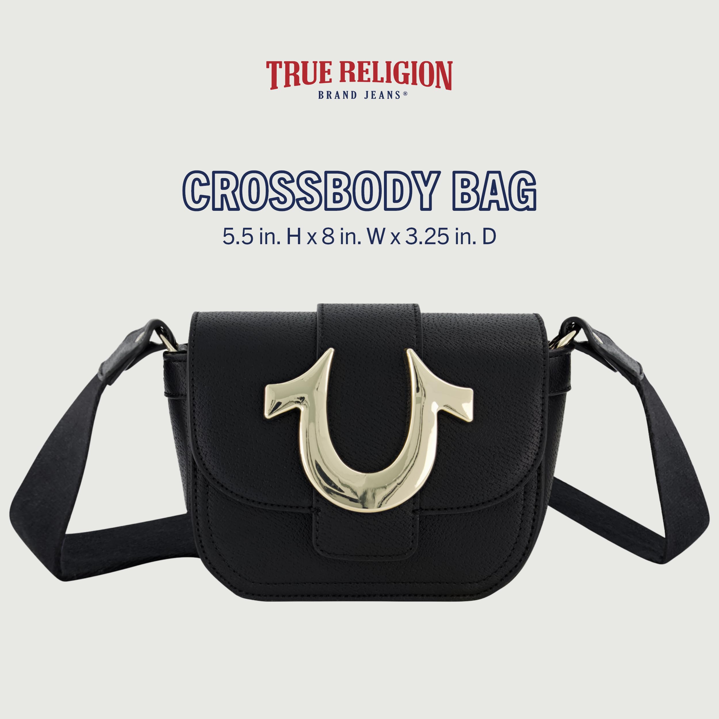 True Religion Women's Crossbody Bag, Mini Flap Adjustable Shoulder Handbag with Horseshoe Logo, Black