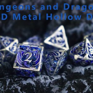 Polyhedral Dice Set Hollow Metal DND Dice Dungeons and Dragons Dice Set Gifts 7CPS Role Playing Dice Set with Gift Metal Box Suitable for D&D Table Games Cards Tower MTG RPG(Dragon_Pearl Silver Blue)