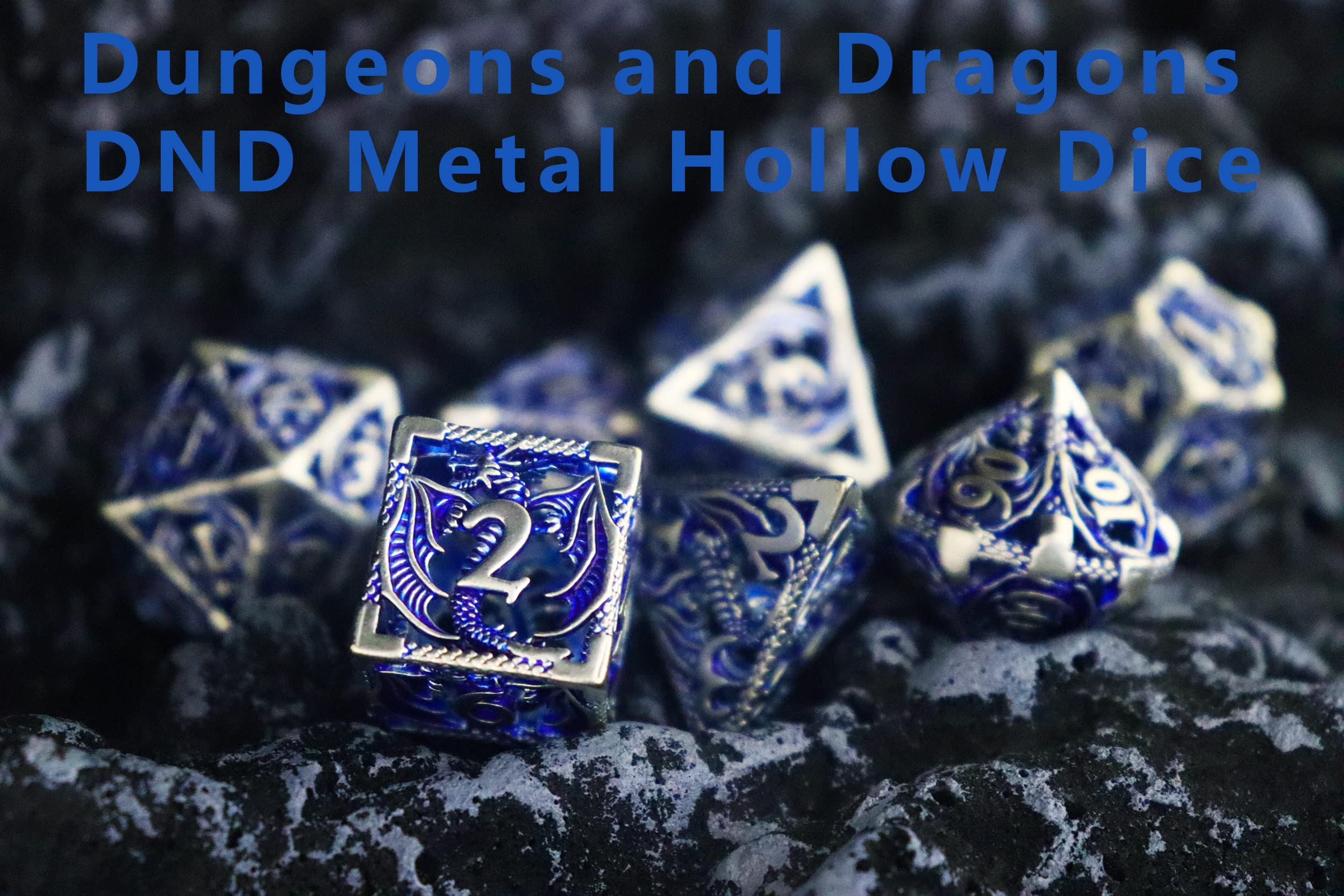 Polyhedral Dice Set Hollow Metal DND Dice Dungeons and Dragons Dice Set Gifts 7CPS Role Playing Dice Set with Gift Metal Box Suitable for D&D Table Games Cards Tower MTG RPG(Dragon_Pearl Silver Blue)