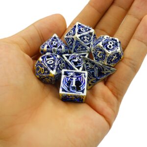 Polyhedral Dice Set Hollow Metal DND Dice Dungeons and Dragons Dice Set Gifts 7CPS Role Playing Dice Set with Gift Metal Box Suitable for D&D Table Games Cards Tower MTG RPG(Dragon_Pearl Silver Blue)