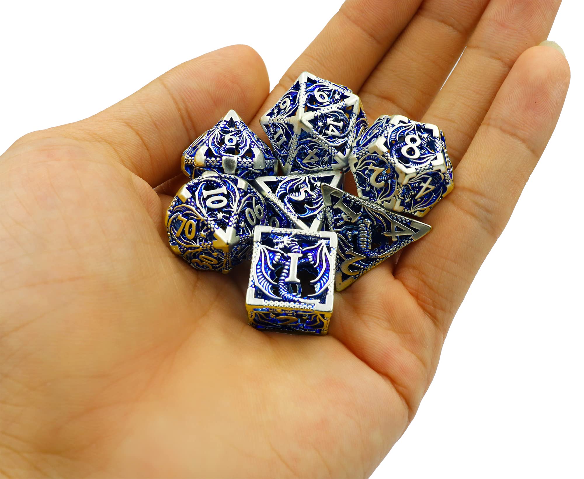 Polyhedral Dice Set Hollow Metal DND Dice Dungeons and Dragons Dice Set Gifts 7CPS Role Playing Dice Set with Gift Metal Box Suitable for D&D Table Games Cards Tower MTG RPG(Dragon_Pearl Silver Blue)