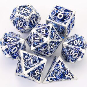 Polyhedral Dice Set Hollow Metal DND Dice Dungeons and Dragons Dice Set Gifts 7CPS Role Playing Dice Set with Gift Metal Box Suitable for D&D Table Games Cards Tower MTG RPG(Dragon_Pearl Silver Blue)