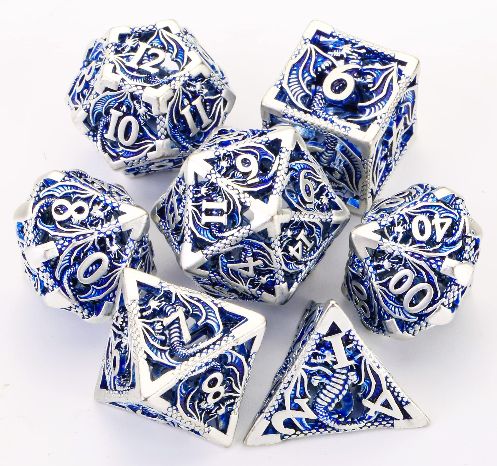 Polyhedral Dice Set Hollow Metal DND Dice Dungeons and Dragons Dice Set Gifts 7CPS Role Playing Dice Set with Gift Metal Box Suitable for D&D Table Games Cards Tower MTG RPG(Dragon_Pearl Silver Blue)