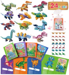 colplay 24 packs valentines day gifts for kids classroom-dinosaur building blocks with valentines day cards for kids school & stickers, exchange valentines party favors boxes for kids boys girls