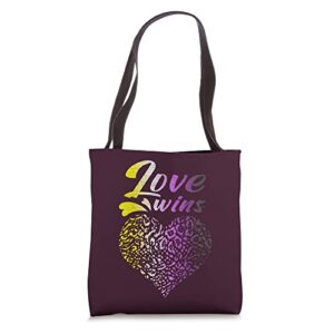 love wins, heart in nonbinary colors, lgbt pride tote bag