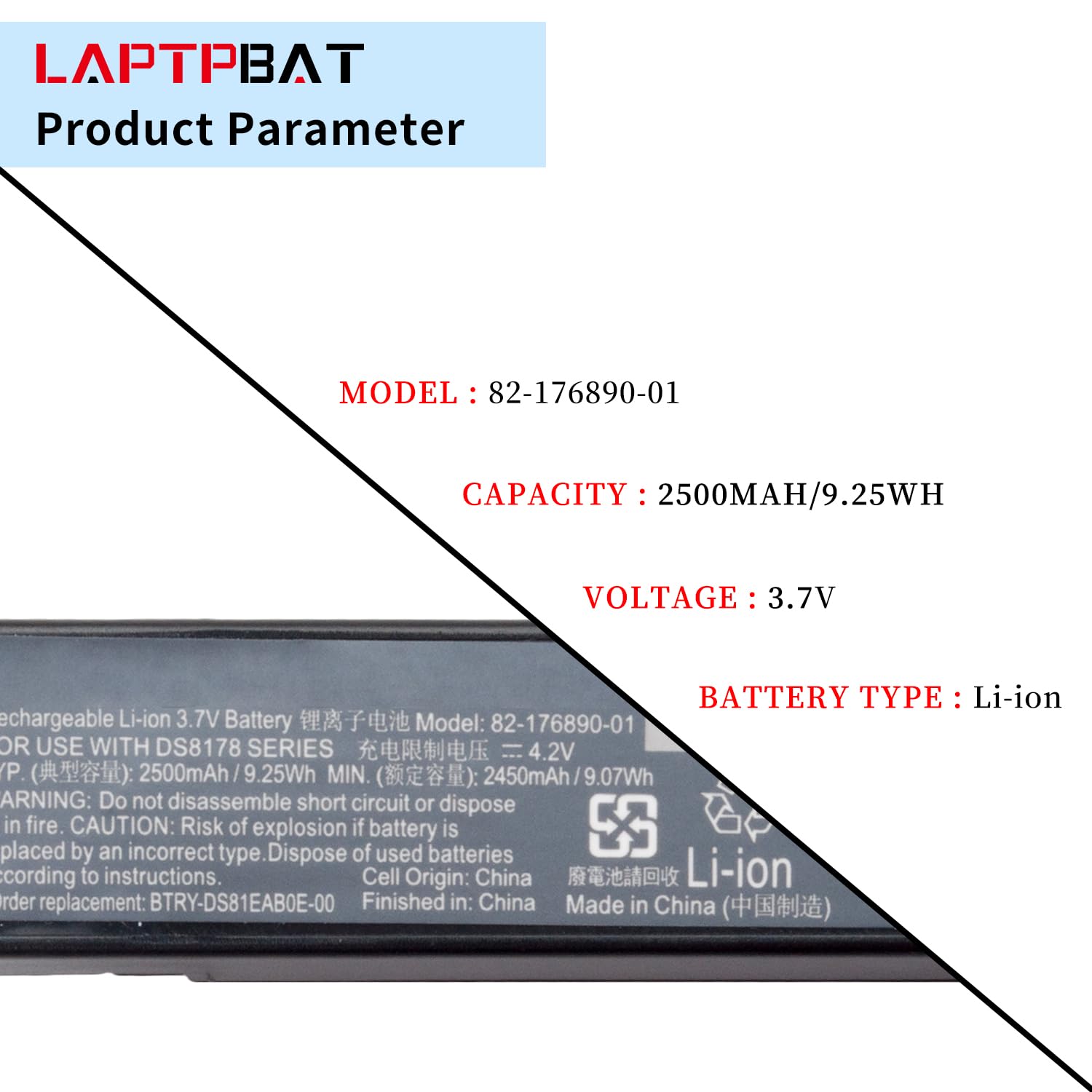 LAPTPBAT 82-176890-01 Battery for Zebra 8100 Series Scanners DS8100 DS8170 DS8178 BTRY-DS81EAB0E-00 BTRY-ZDS81EAZB0E-00 71-176890-01 3.7V 2500mAh 9.25Wh