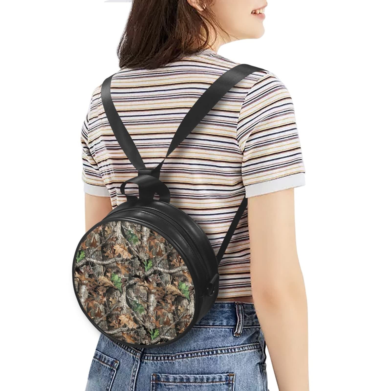 SCRAWLGOD Camo Hunting Print Small Round Crossbody Bag for Women PU Leather Circle Purses Mini Shoulder Bags Travel Accessories Gifts for Women