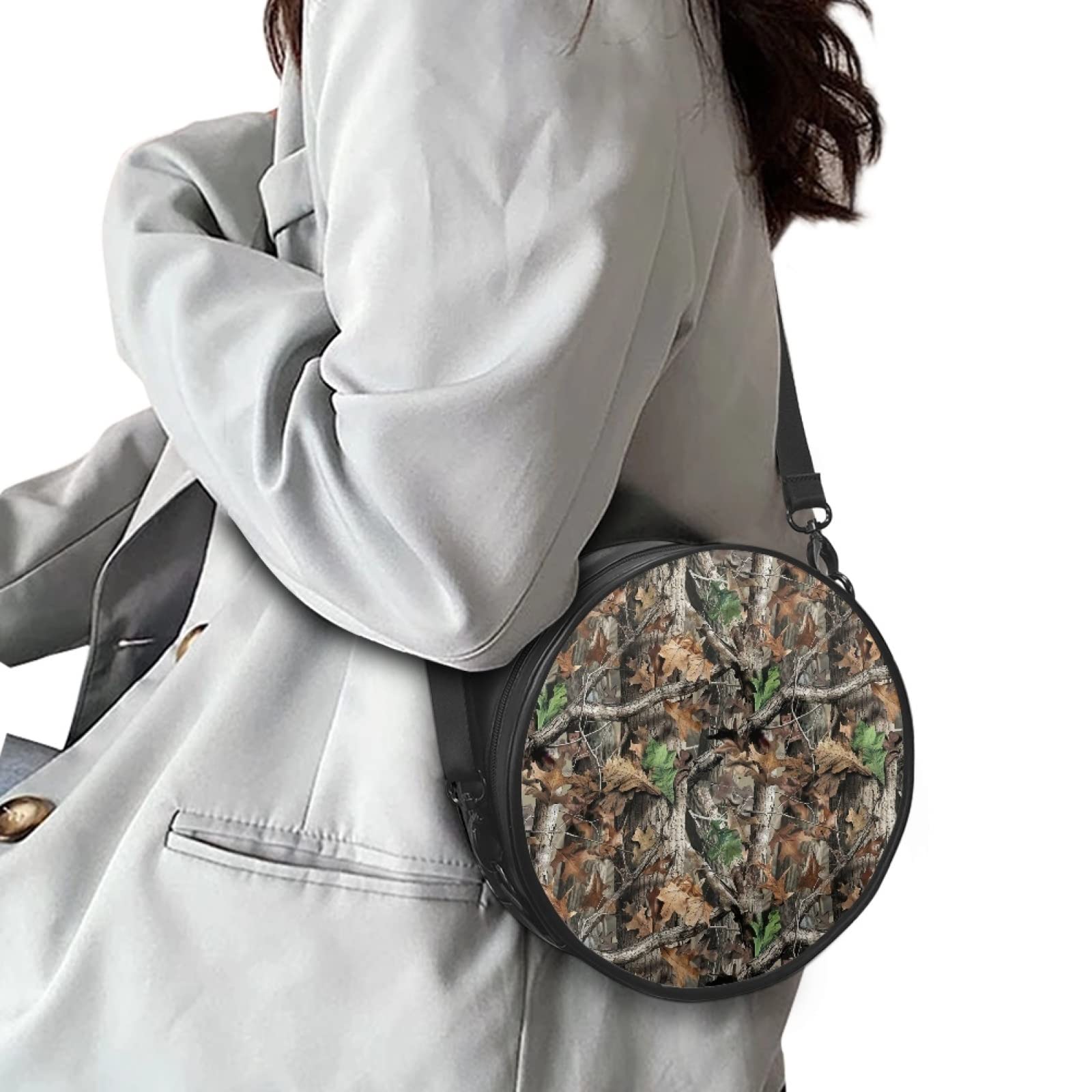 SCRAWLGOD Camo Hunting Print Small Round Crossbody Bag for Women PU Leather Circle Purses Mini Shoulder Bags Travel Accessories Gifts for Women